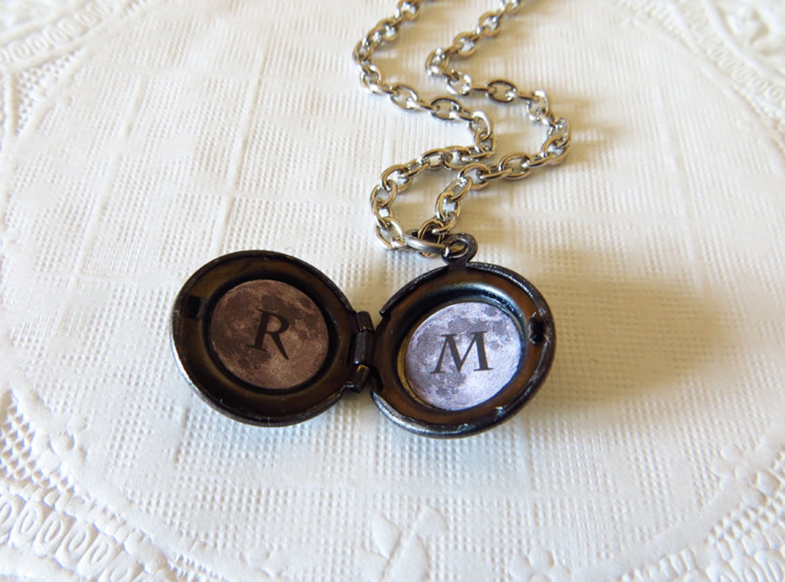 Moon Locket Moon Necklace Full Moon Initials Love Necklace | Etsy