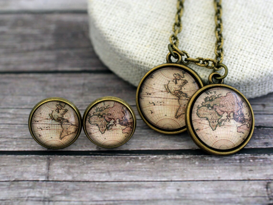 World Map Necklace, World Map Earrings, World Map, Retro Map, World Map ...