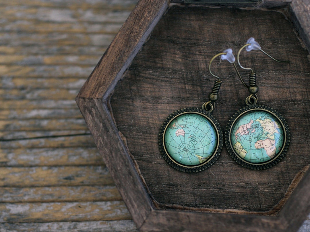 Retro World Map Earrings, Globe Earrings, World Map Earrings, Antique ...