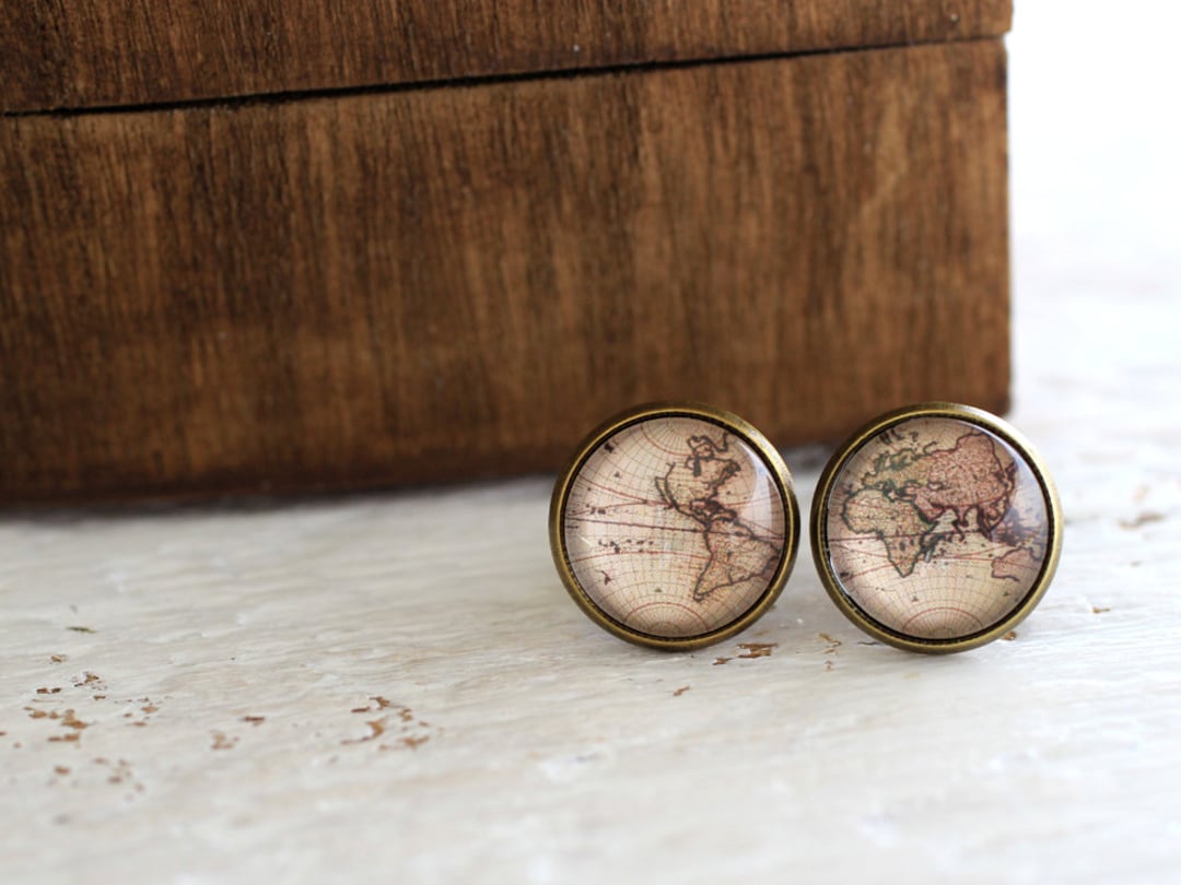 Retro World Map Stud Earrings, World Map Earrings, Antique Map, Retro ...