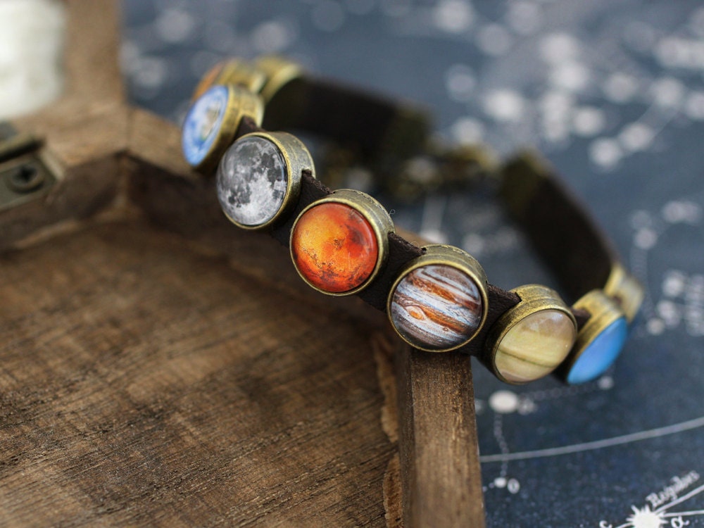 Planet Bracelet, Space Bracelet, Leather Planet Bracelet, Solar System ...