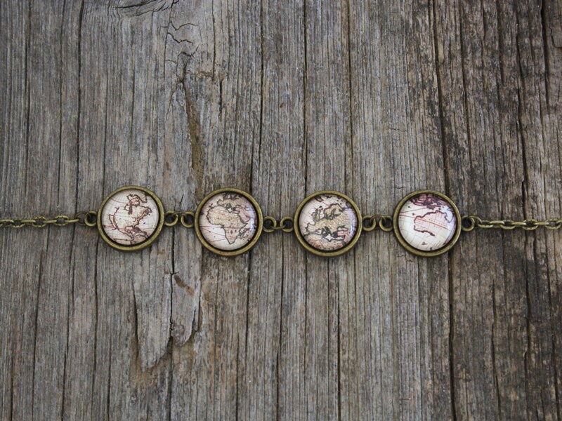 World Map Bracelet, Map Bracelet, World Map, Retro Map Bracelet, Globe ...