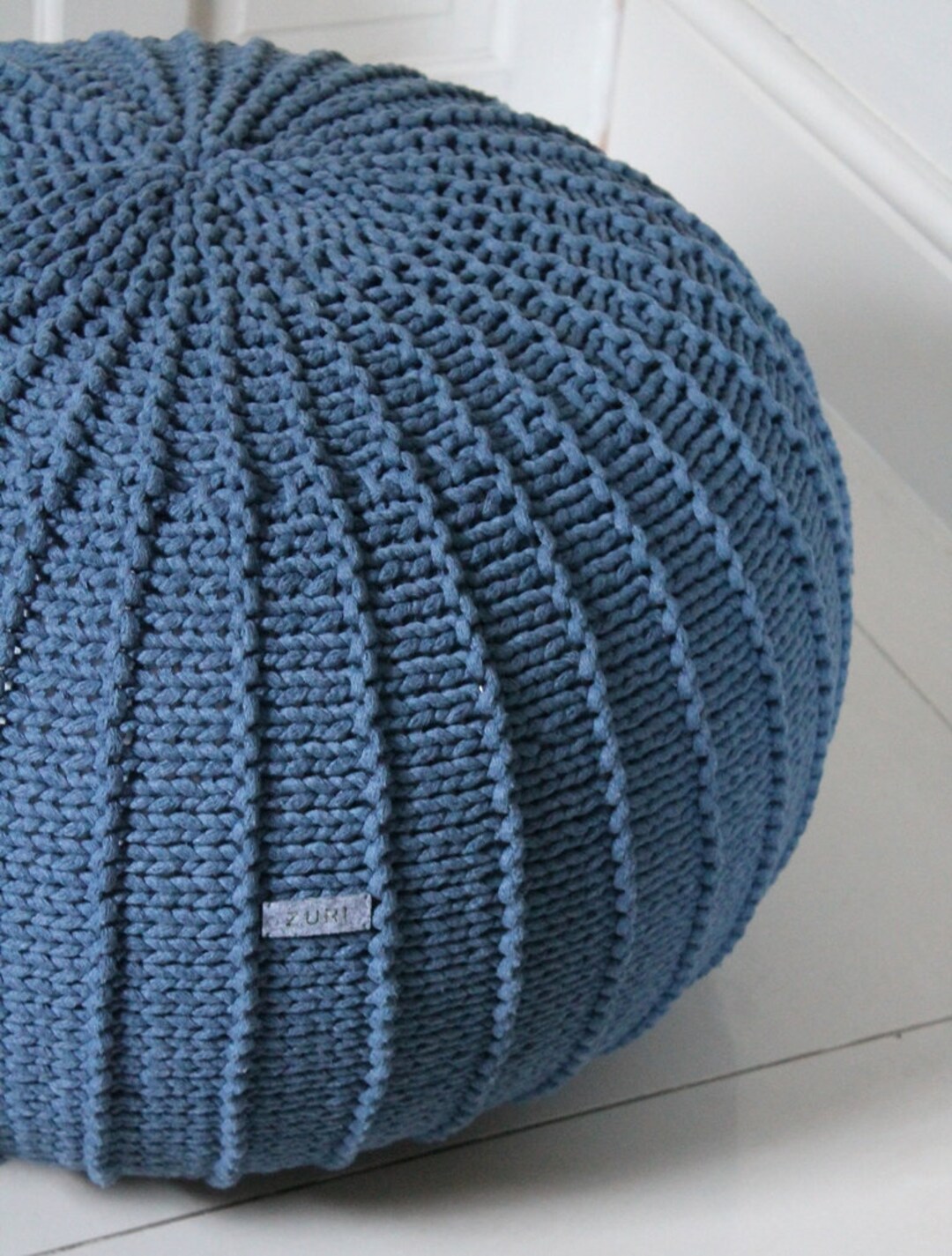 Large Knitted Footstool Pouf: Denim Blue Cotton Ottoman - Etsy