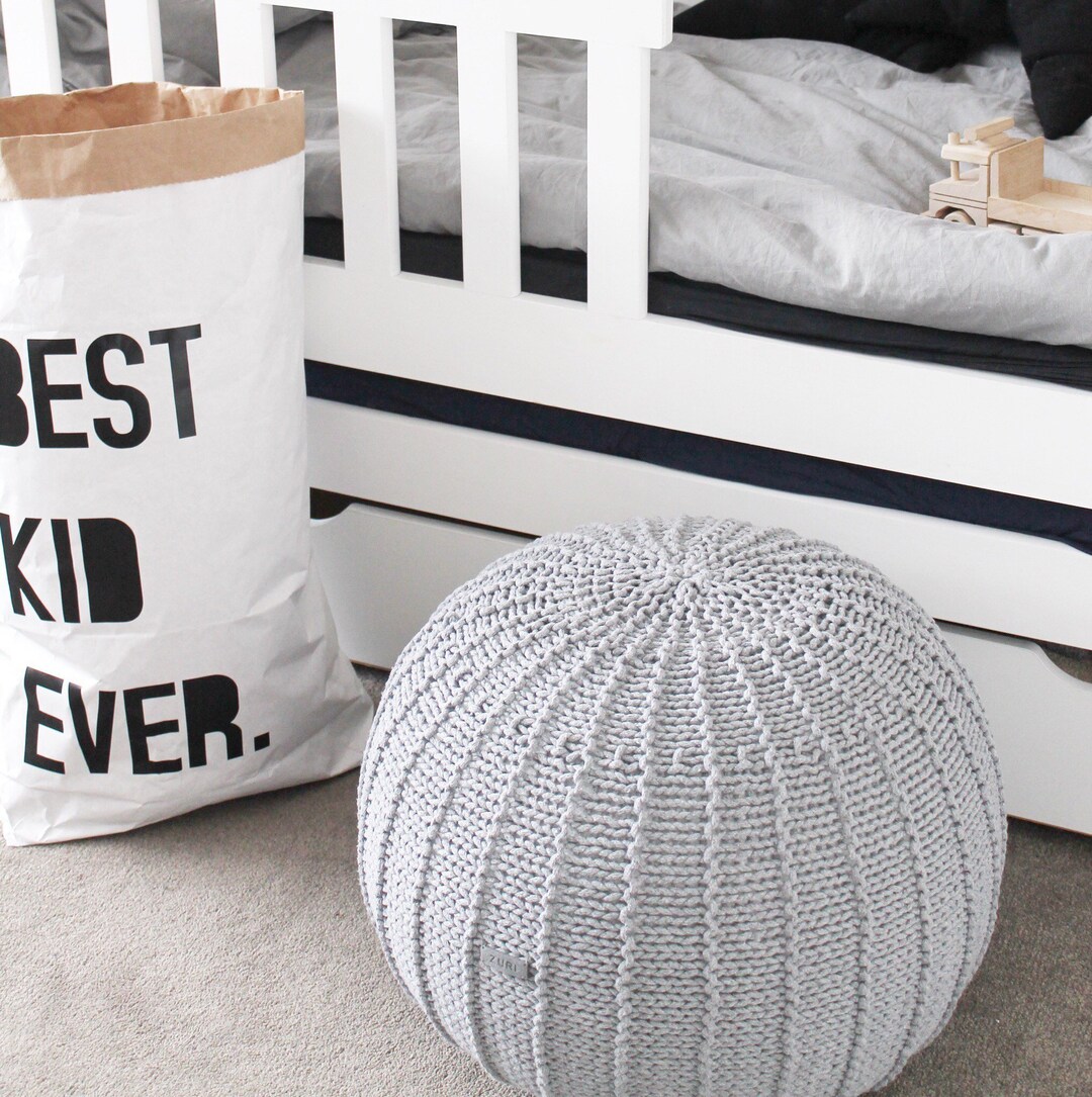 Knitted Footstool Pouf, Grey Crochet Pouf Ottoman, Neutral Nursery ...