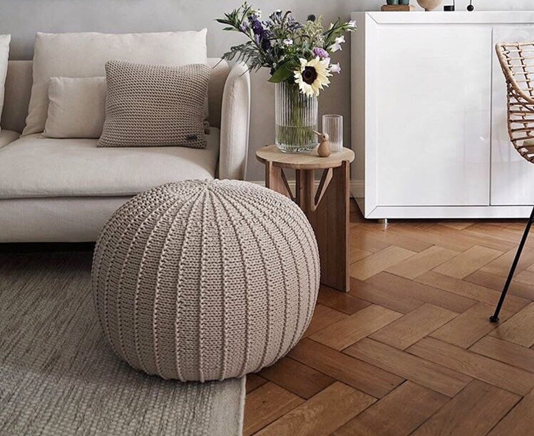 Large Knitted Footstool Pouf Large Pouf Ottoman Knitted Beige Home Decor Knitted Pouffe Ottoman Beige Pouf Ottoman Scandinavian Decor Etsy UK