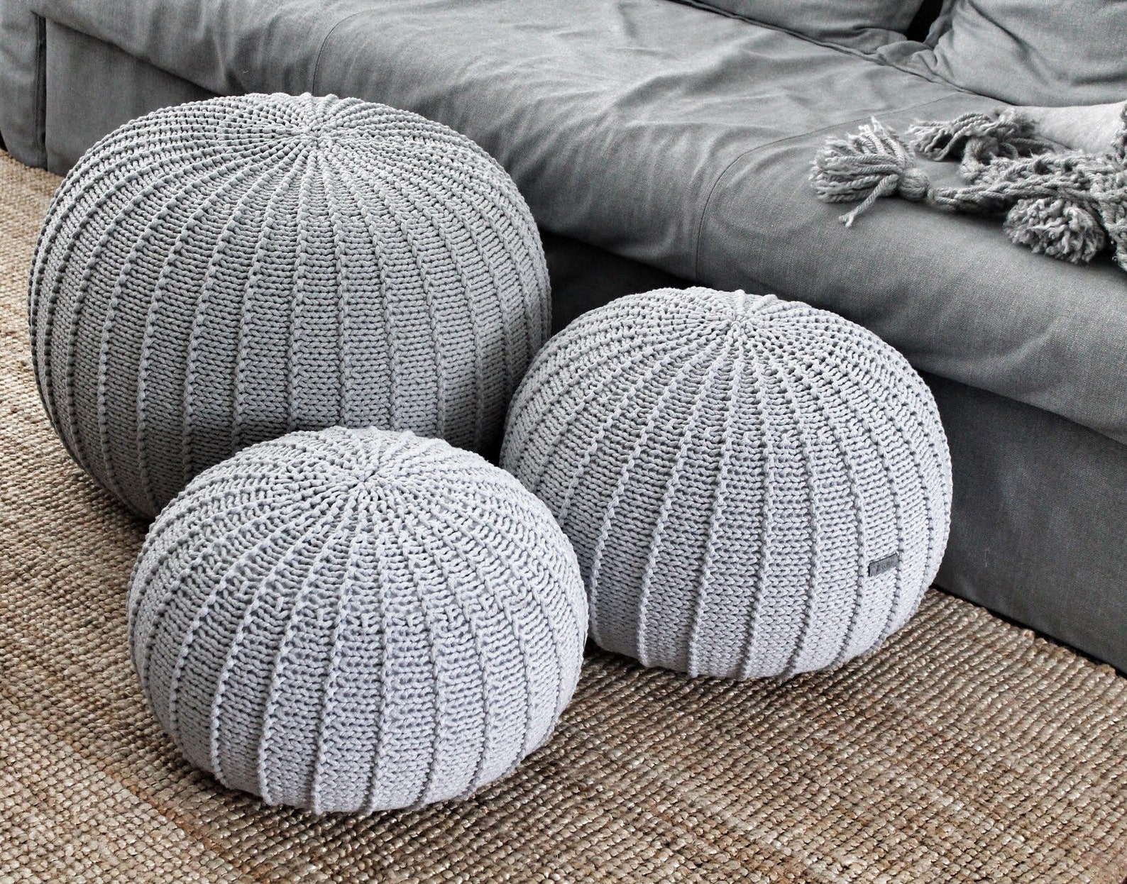 Knitted Footstool Pouf Grey Crochet Pouf Ottoman Neutral | Etsy