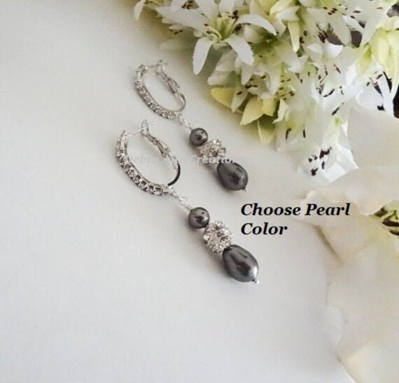 Grey Pearl Drop Earrings Silver Pear Pearl Earrings Dark Grey - Etsy