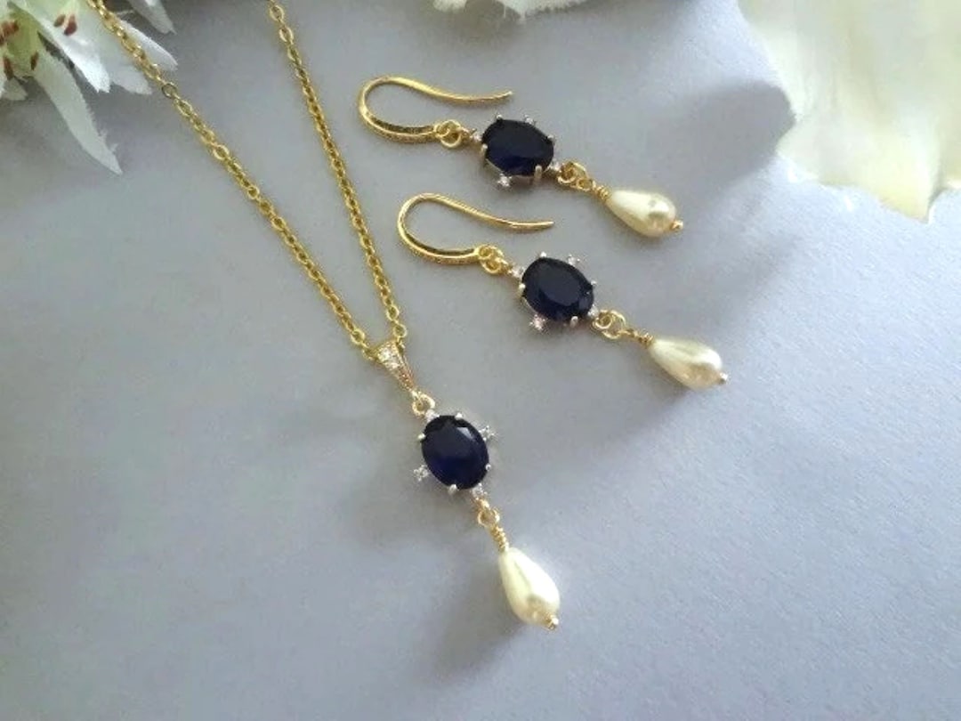 Sapphire Pearl Bridal Jewelry Set: Navy Crystal Necklace and Earrings ...