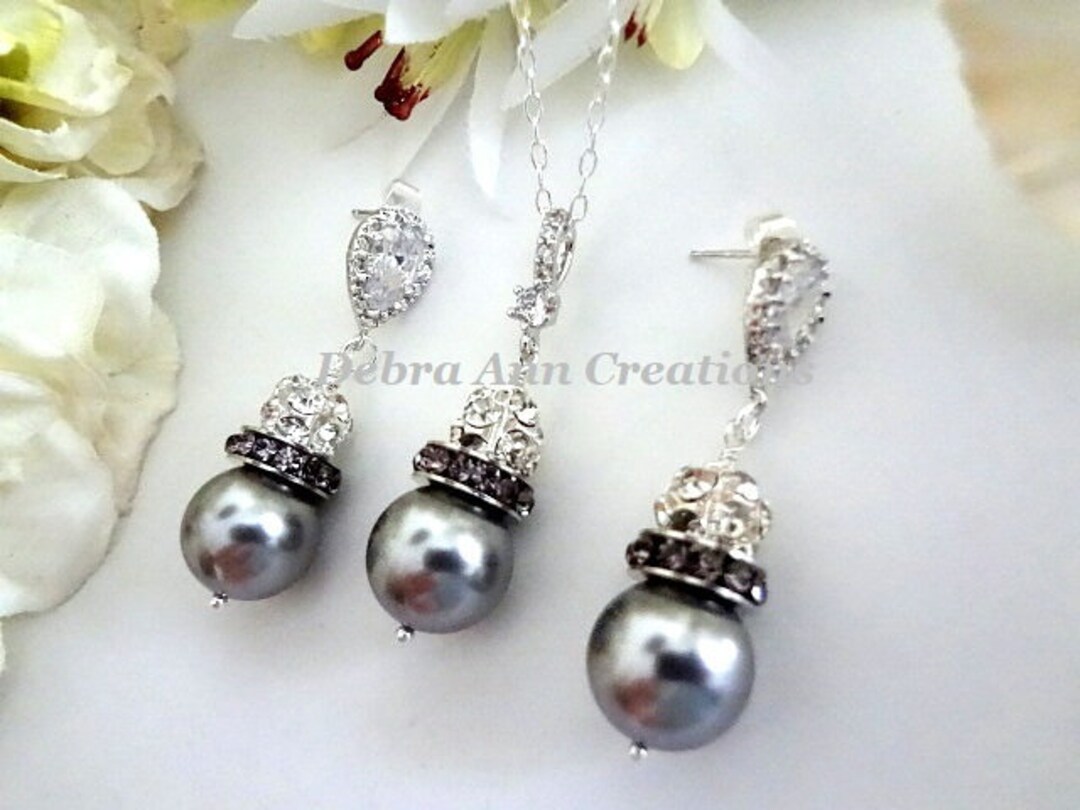 Gray Pearl Necklace and Earring Dark Gray Pearl Jewelry CZ Pearl ...