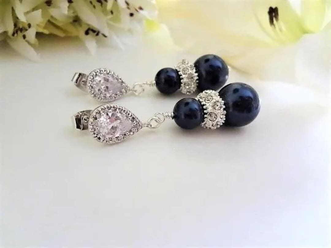 Navy Blue Pearl Drop Earrings: Crystal Wedding Jewelry CZ Pave Earring ...
