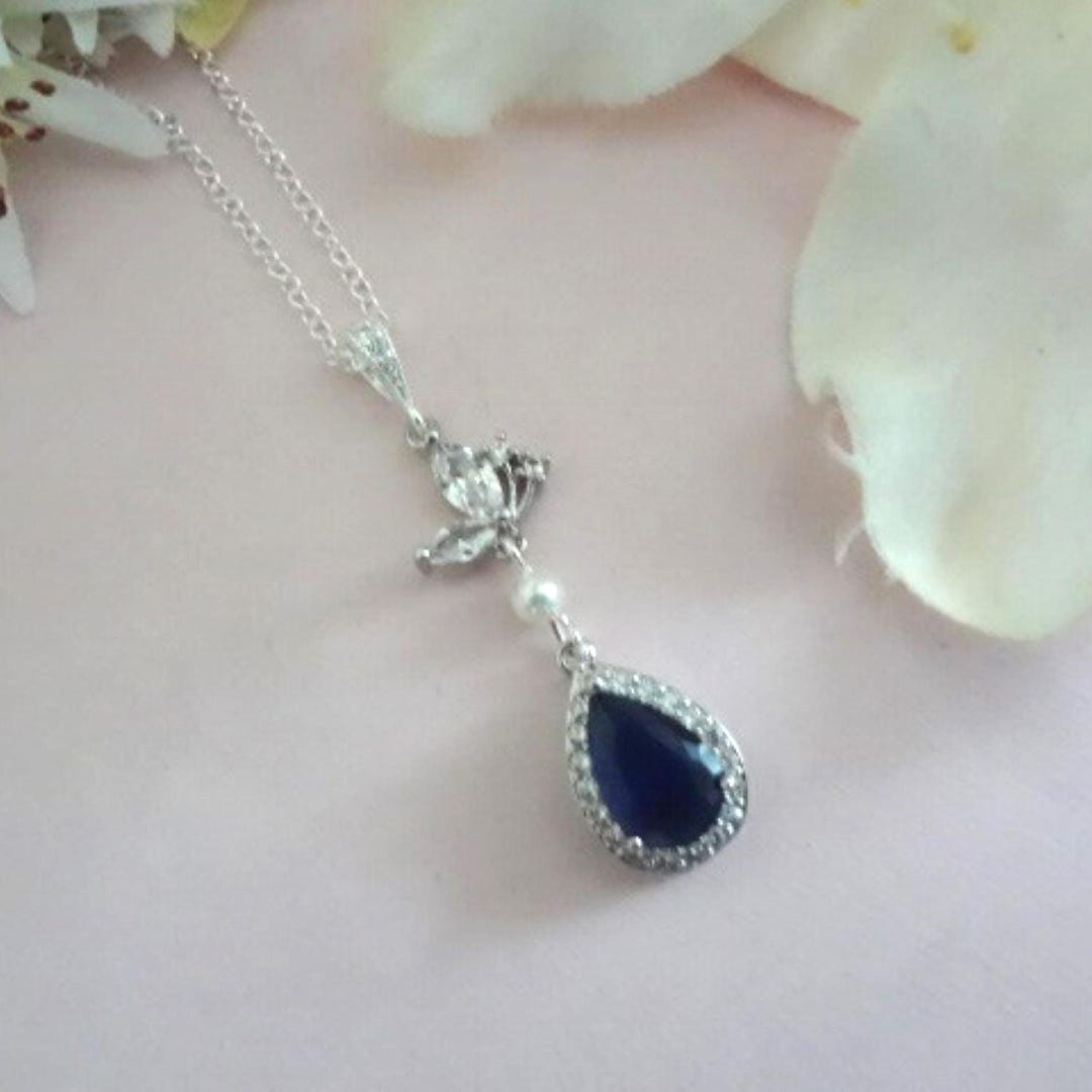 Sapphire and Pearl Bridal Necklace Navy Cubic Zirconia Teardrop ...