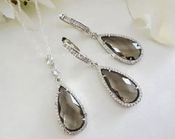 Grey Crystal Jewelry Set Silver Gray Necklace Set Grey Wedding Jewelry ...