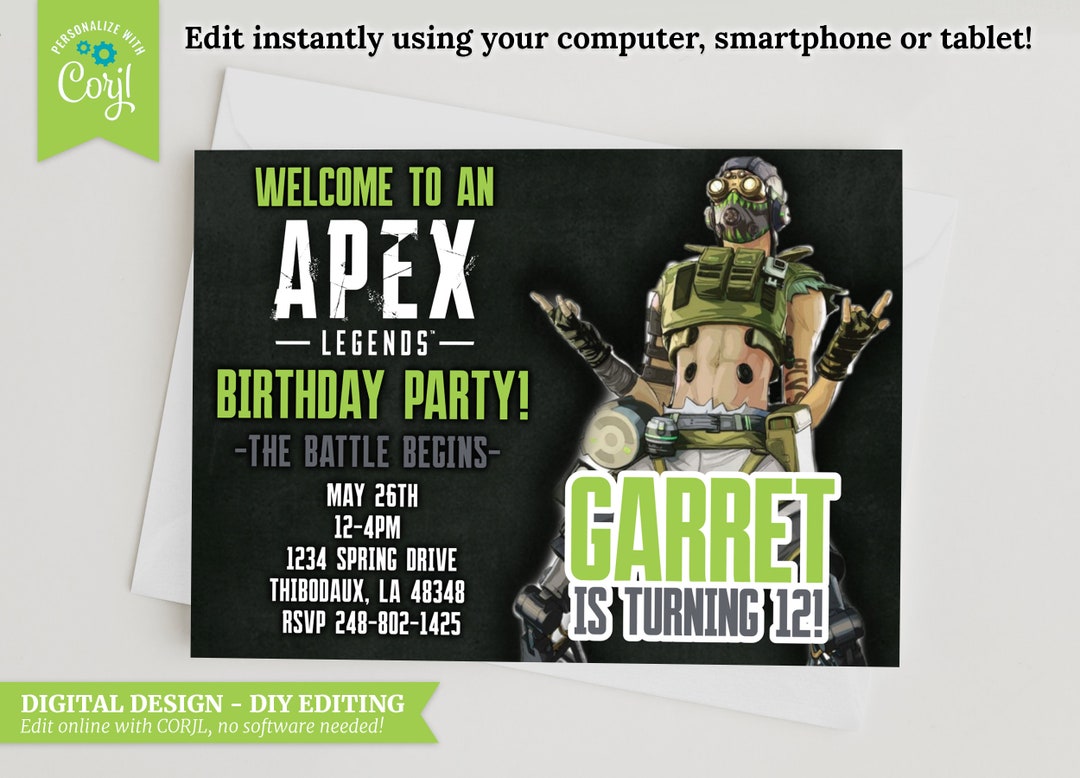 Apex Legends Octane Birthday Invitation: Grunge Video Game Party ...
