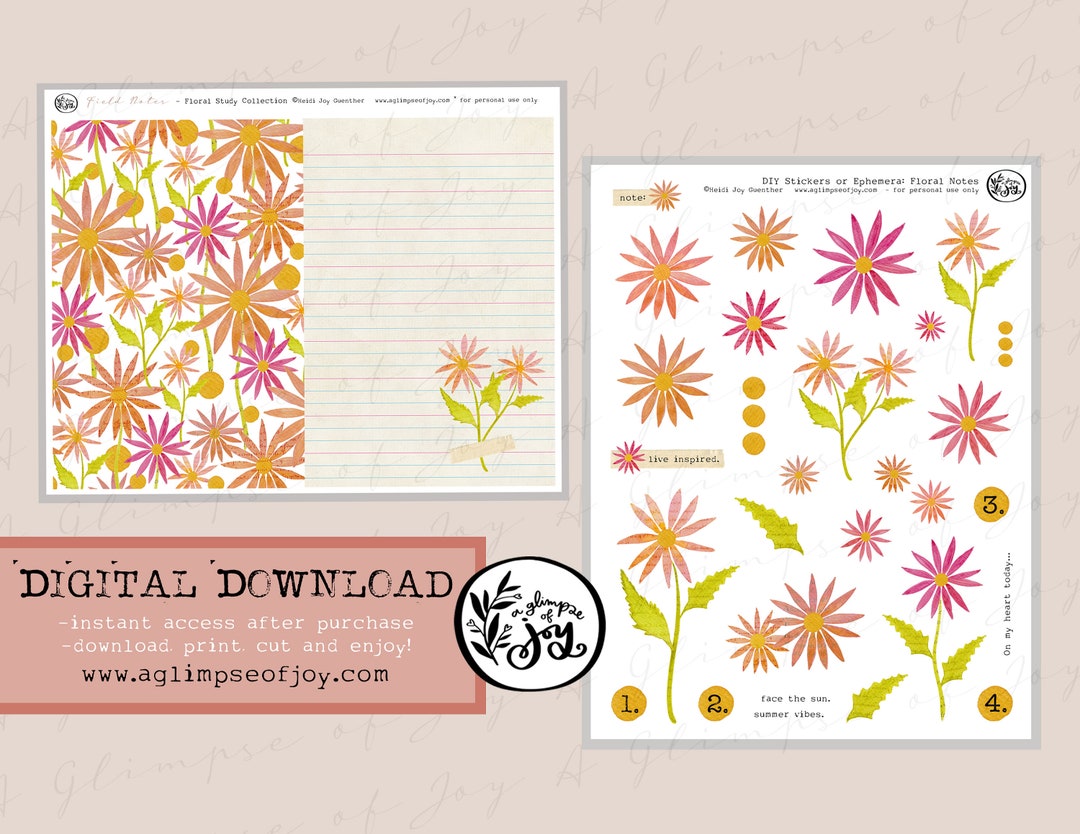 Floral Notes Printables - 1 Page of Digital Stickers and 1 Page of ...