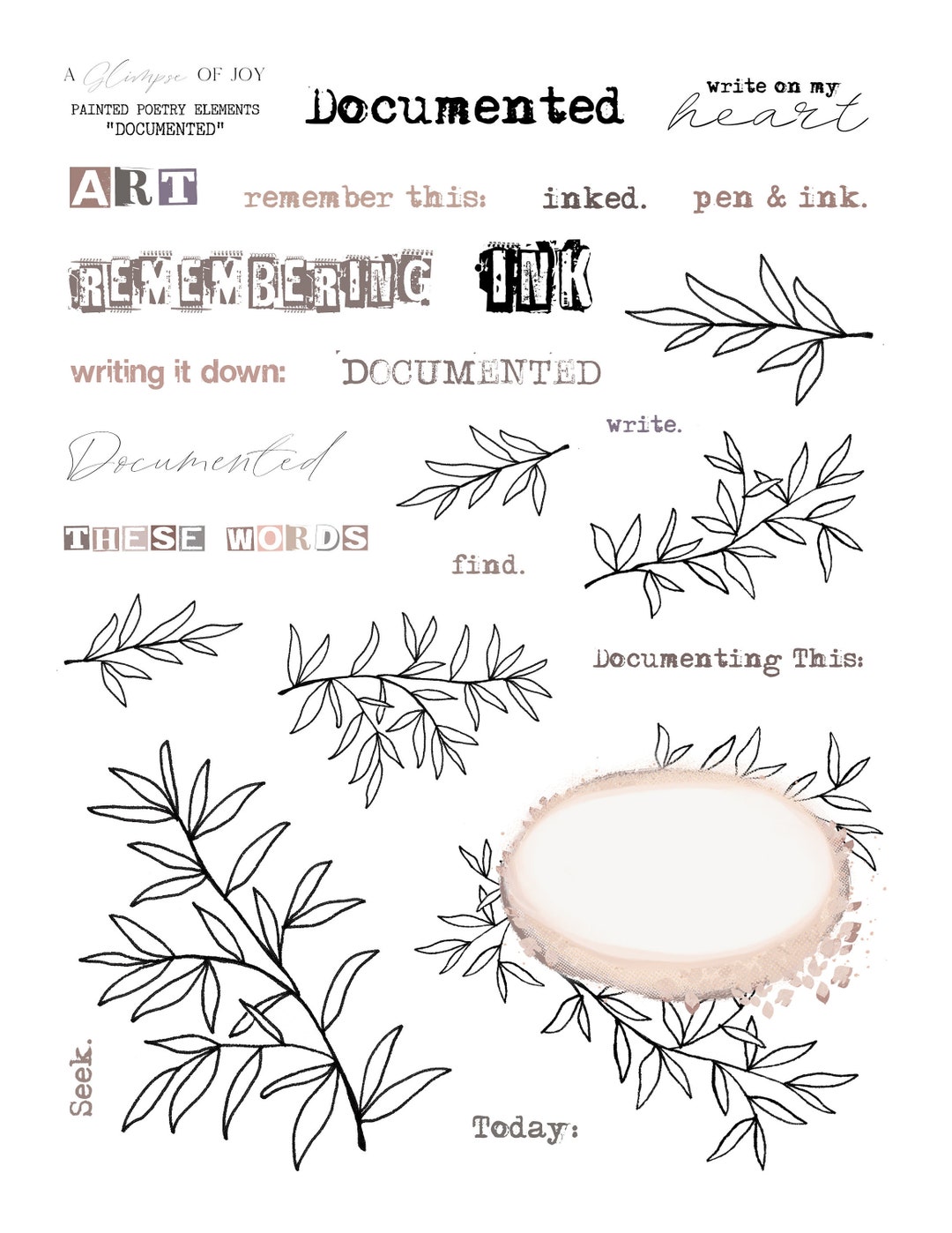 Printable DIY Stickers: Documented Words & Foliage (digital Download ...