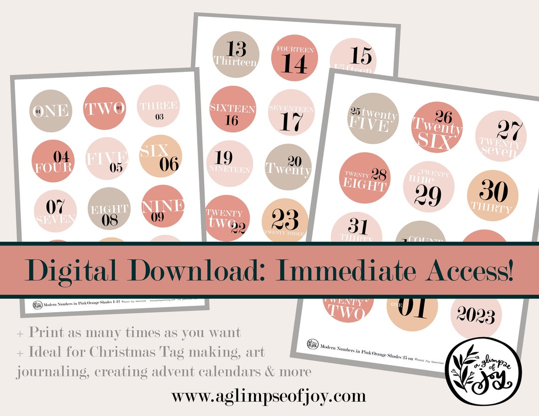 Numbers 1 to 31 in Pink and Orange Circles: for Creating Advent ...