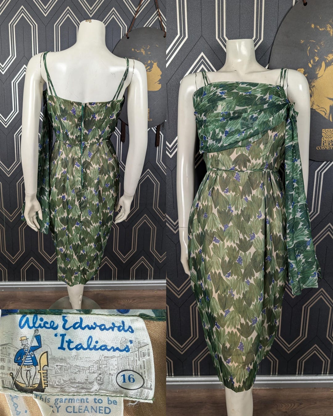 Original 1960's Alice Edwards Italian's Green Floral Bodice Dress ...