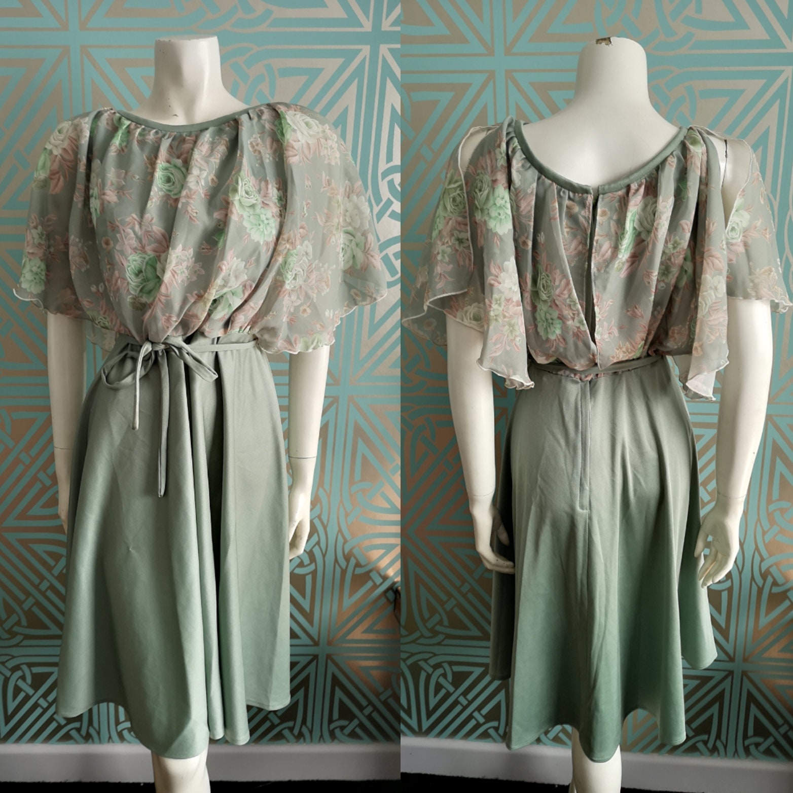 SALE** Original 1970's Moss Green Chiffon Bodice Dress - Good Condition ...