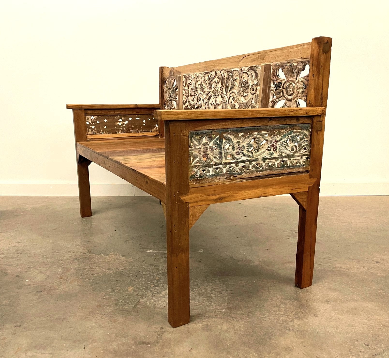 Carved Reclaimed Wood Indonesian Bench Sofa Vintage Architectural ...