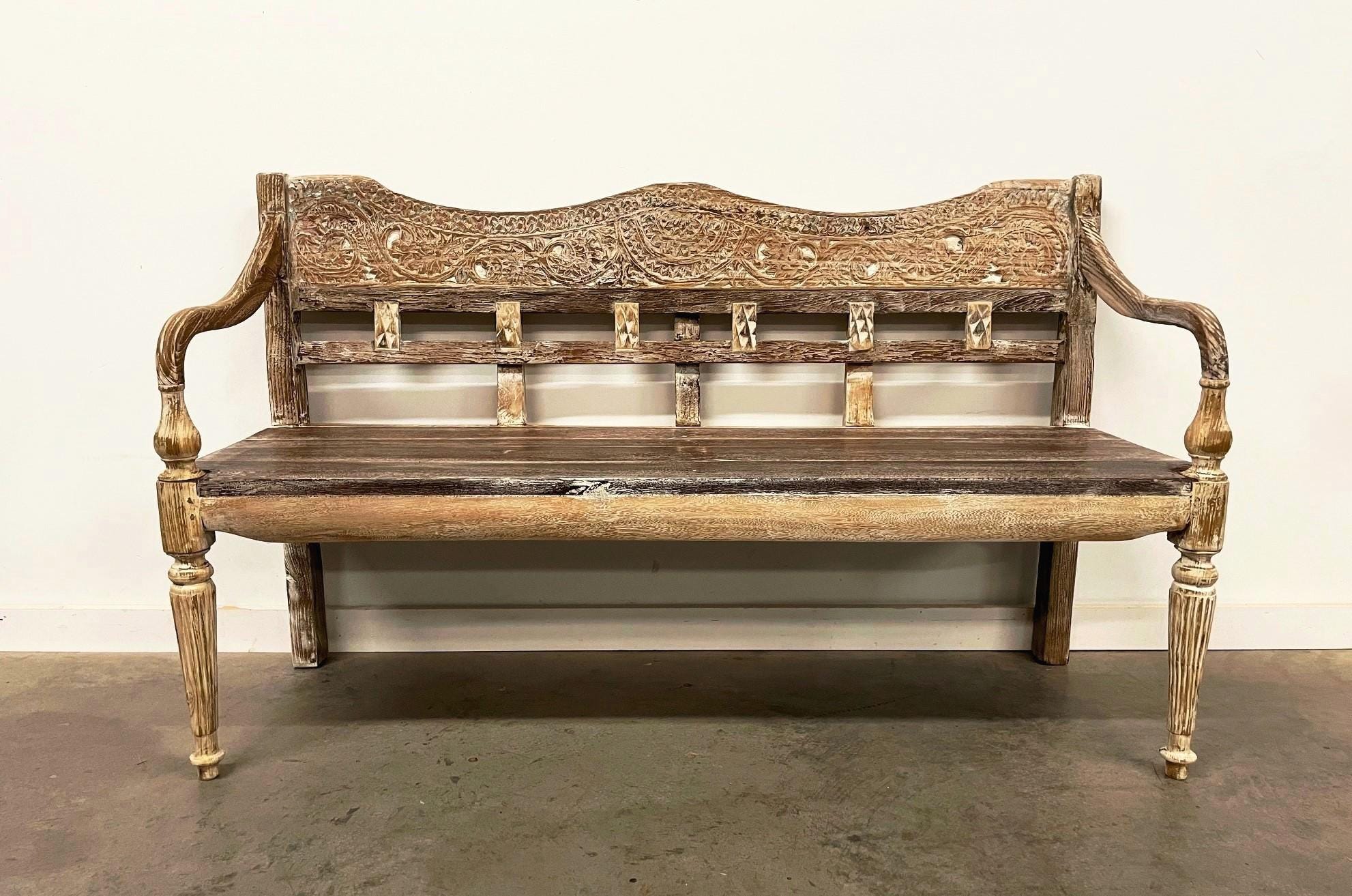Whitewashed Carved Reclaimed Wood Bench - Etsy