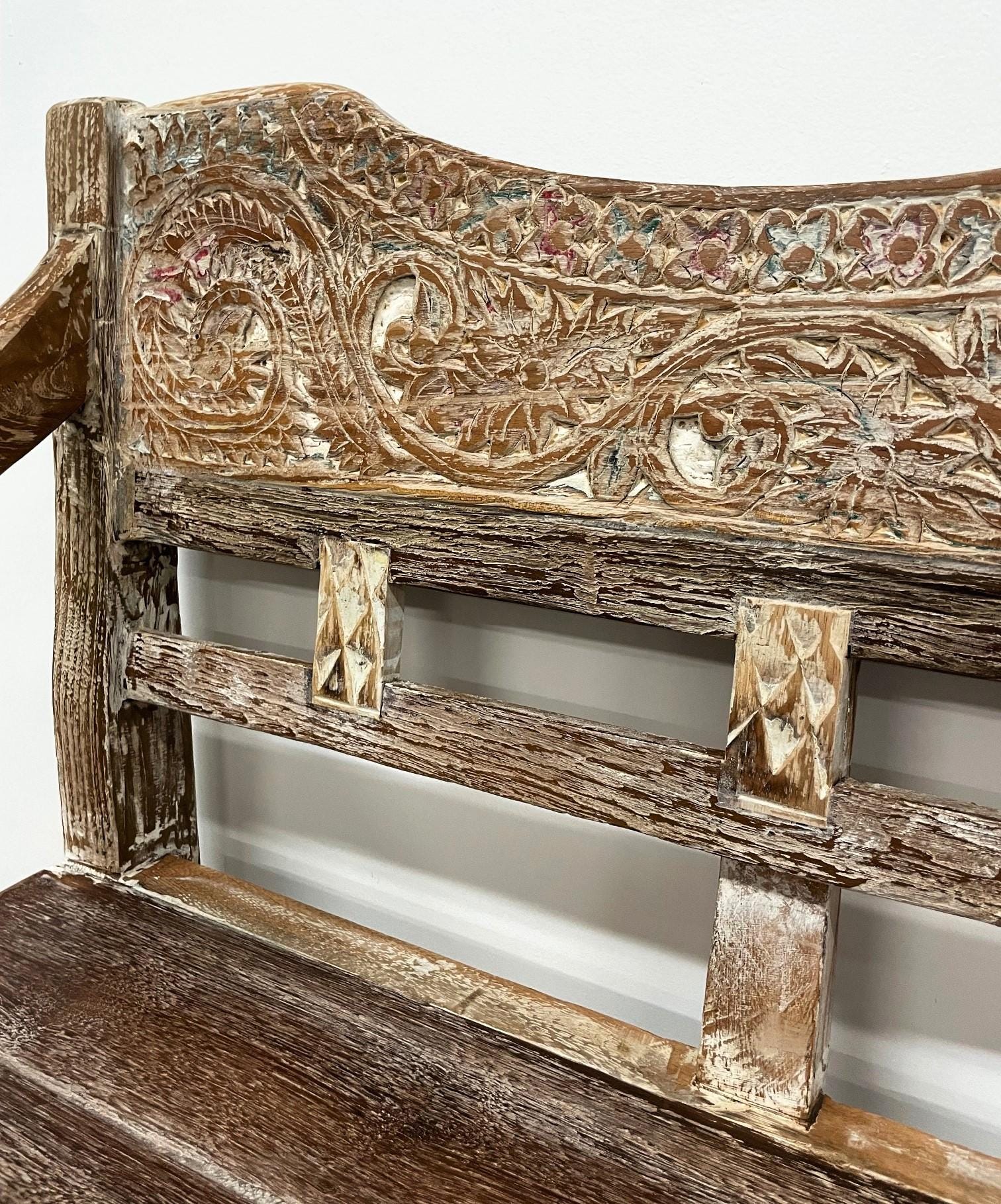 Whitewashed Carved Reclaimed Wood Bench - Etsy
