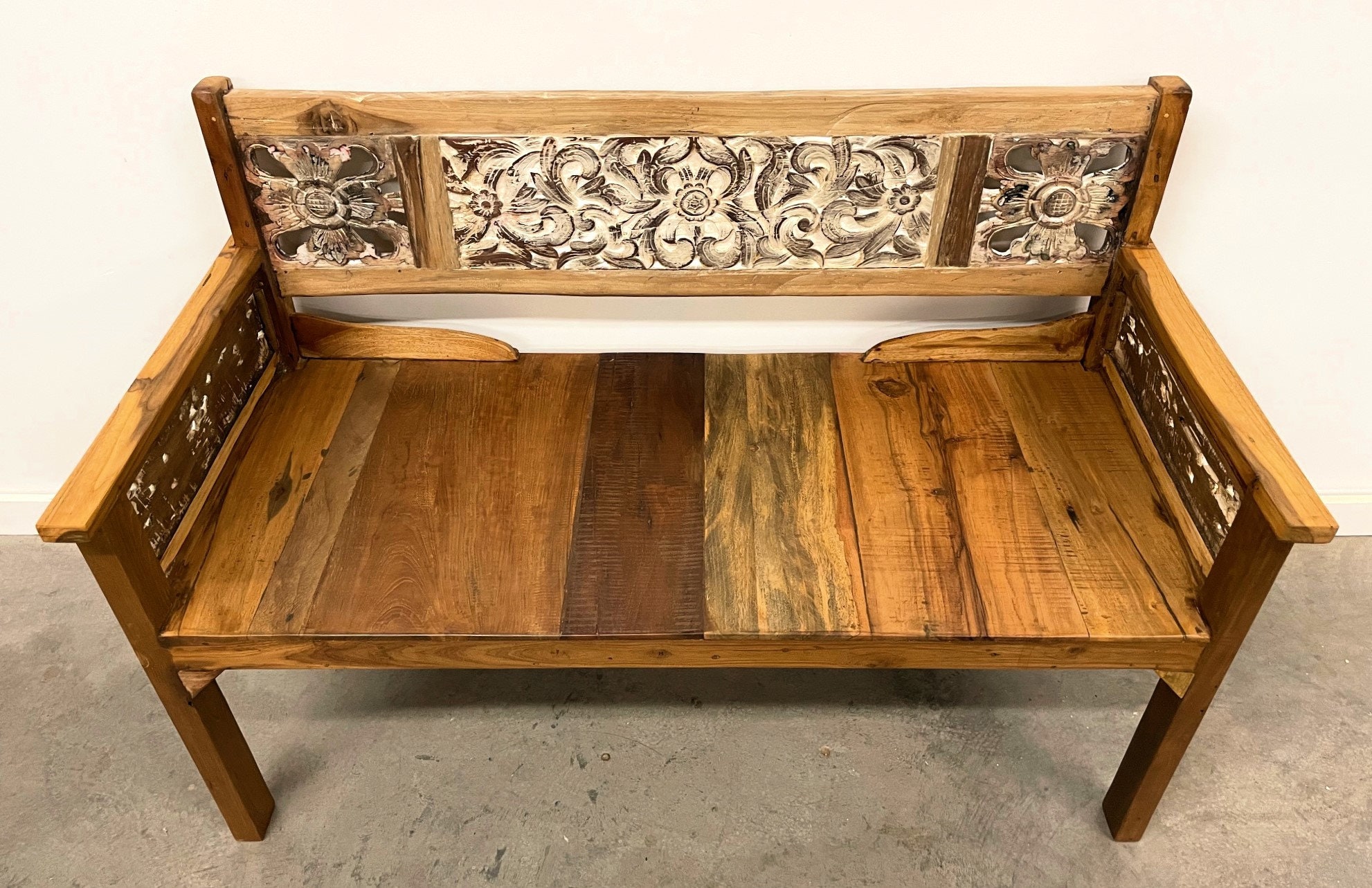 Carved Reclaimed Wood Indonesian Bench Sofa Vintage Architectural ...