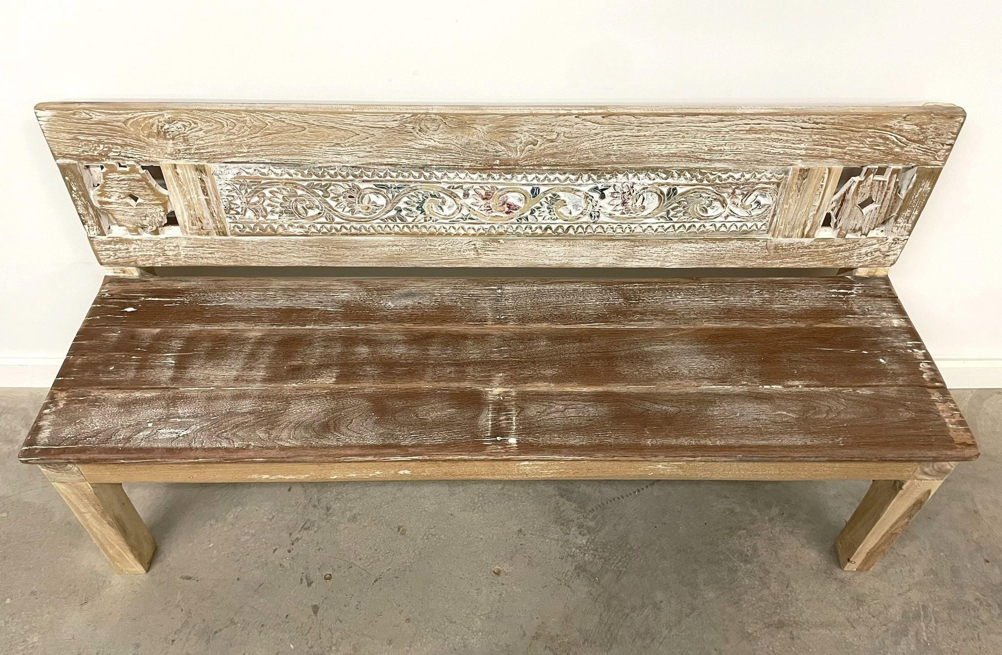Carved Panel Whitewashed Reclaimed Wood Bench Armless - Etsy