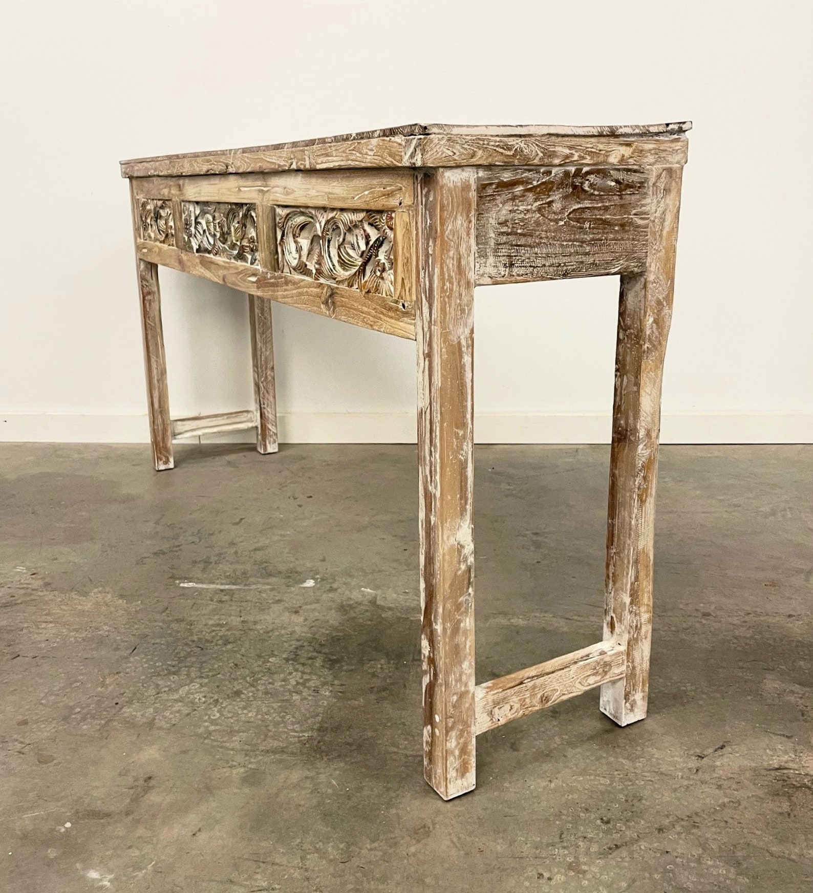 63 Hand Carved Whitewash Console Table Architectural Carved Console ...
