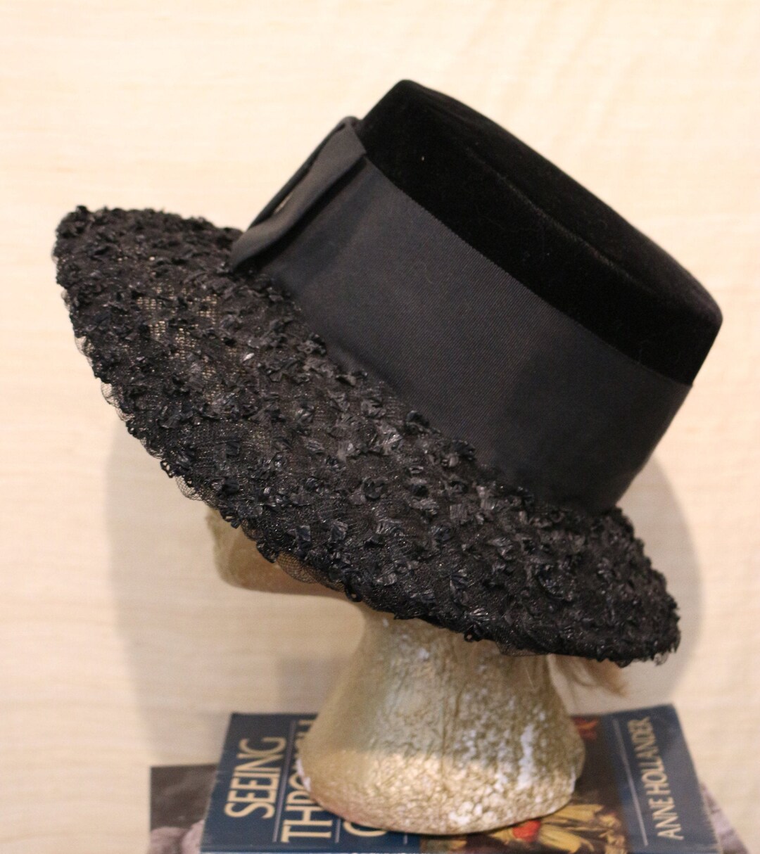 1950s Vintage Black Formal Sun Hat With Textured Brim and Wide ...