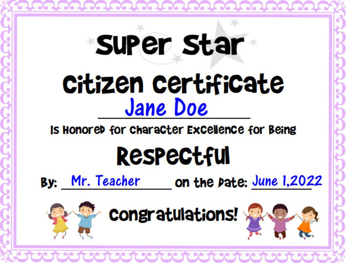 Civics Good Citizen Certificate Awards for Ages 5-18+ - 50 Character ...