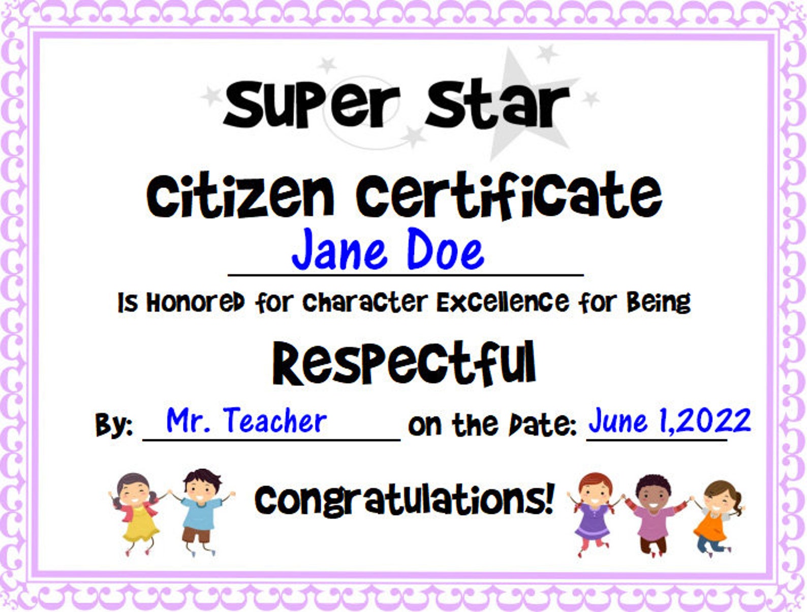 Civics Good Citizen Certificate Awards for Ages 5-18+ - 50 Character ...