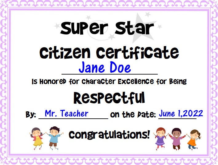 Civics Good Citizen Certificate Awards for Ages 5-18+ - 50 Character ...