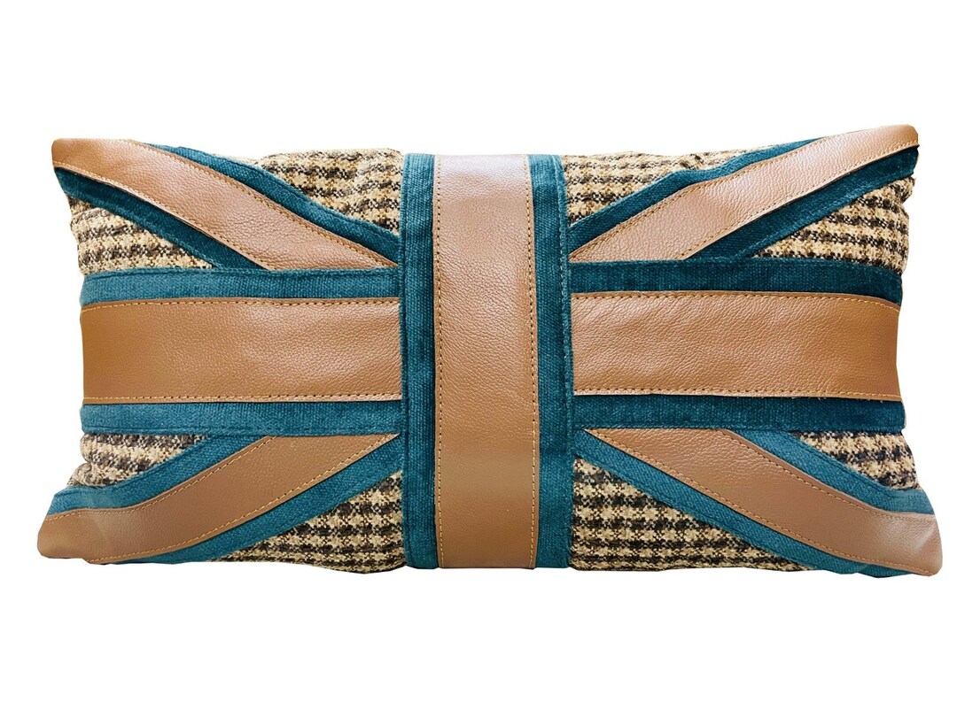 New Real Leather Tan Union Jack Flag Cushion Cover Only 10 X 18 25x45cm ...