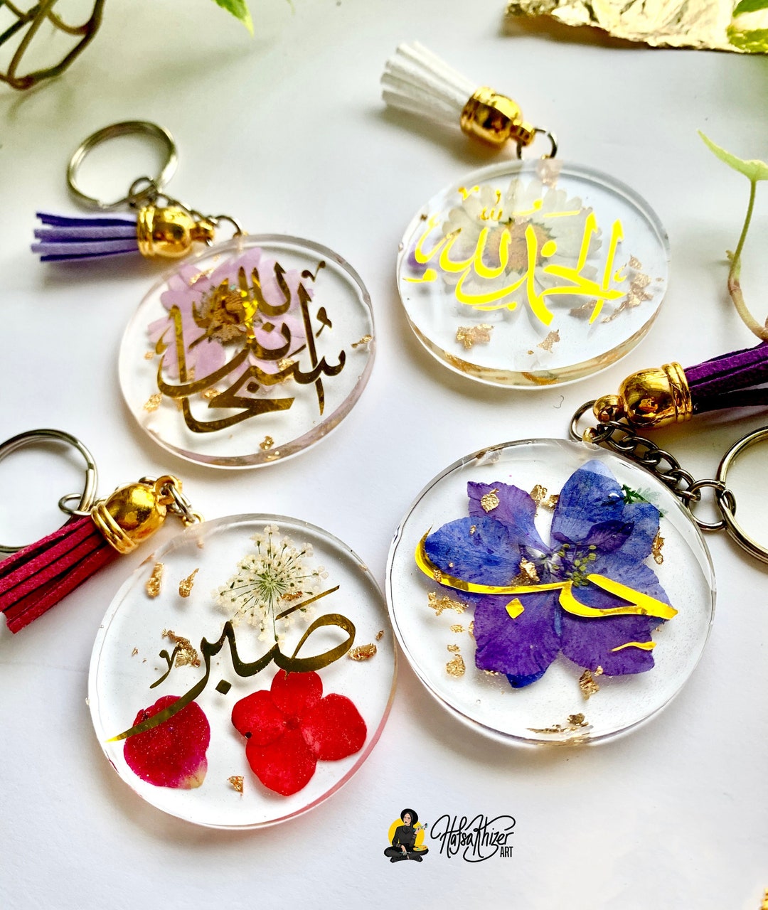 Islamic Keychain: Real Pressed Flowers, Arabic Calligraphy, Resin Charm ...