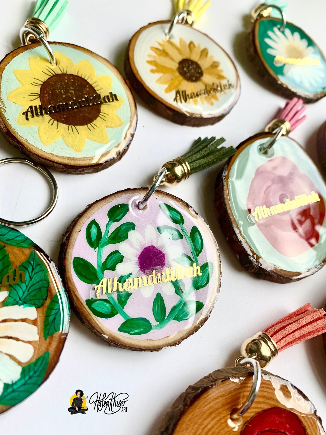 Islamic Keychain, Alhamdulillah, Flower Resin Art Wood Slice Keychain ...