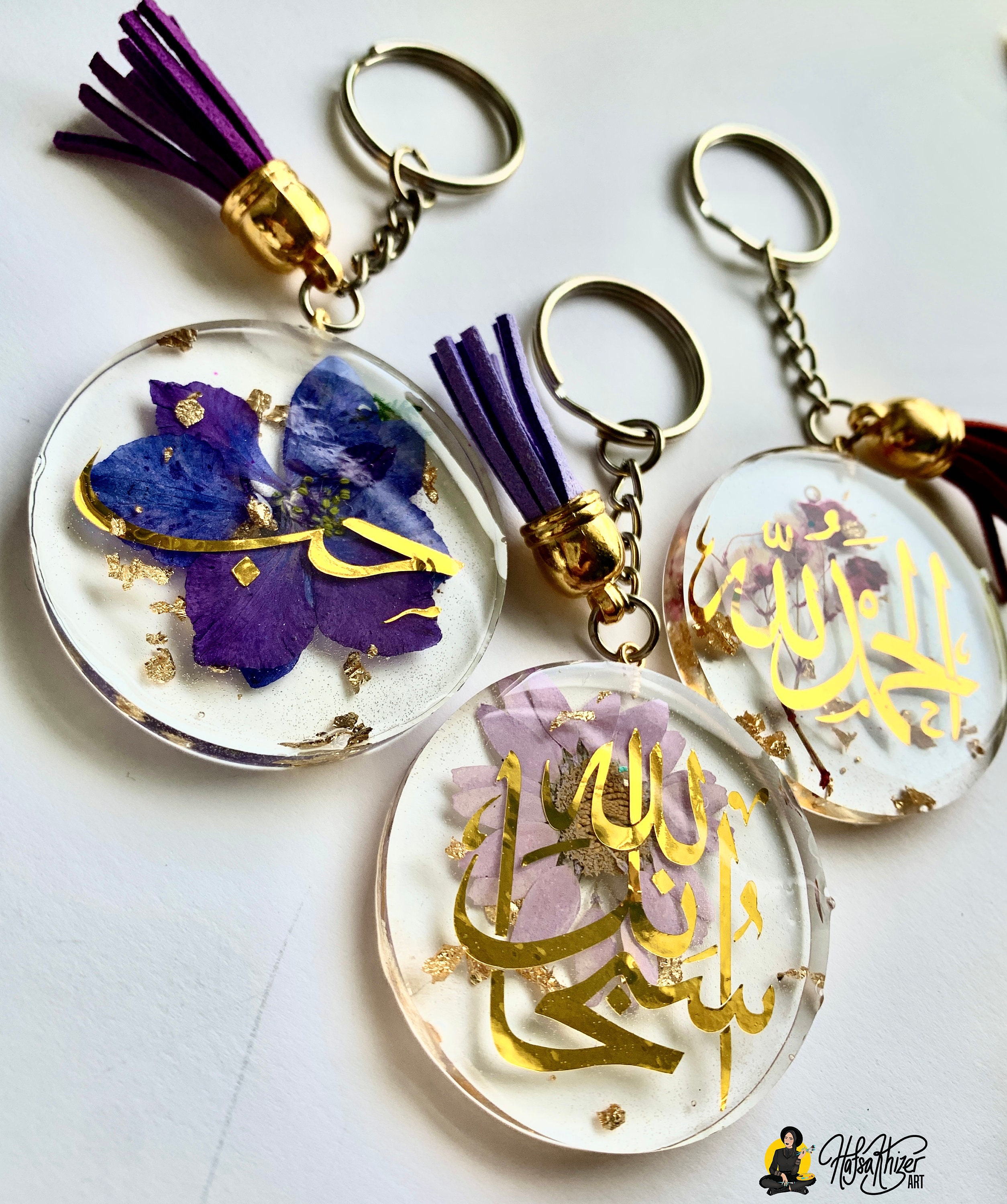 Islamic Keychain: Real Pressed Flowers, Arabic Calligraphy, Resin Charm ...