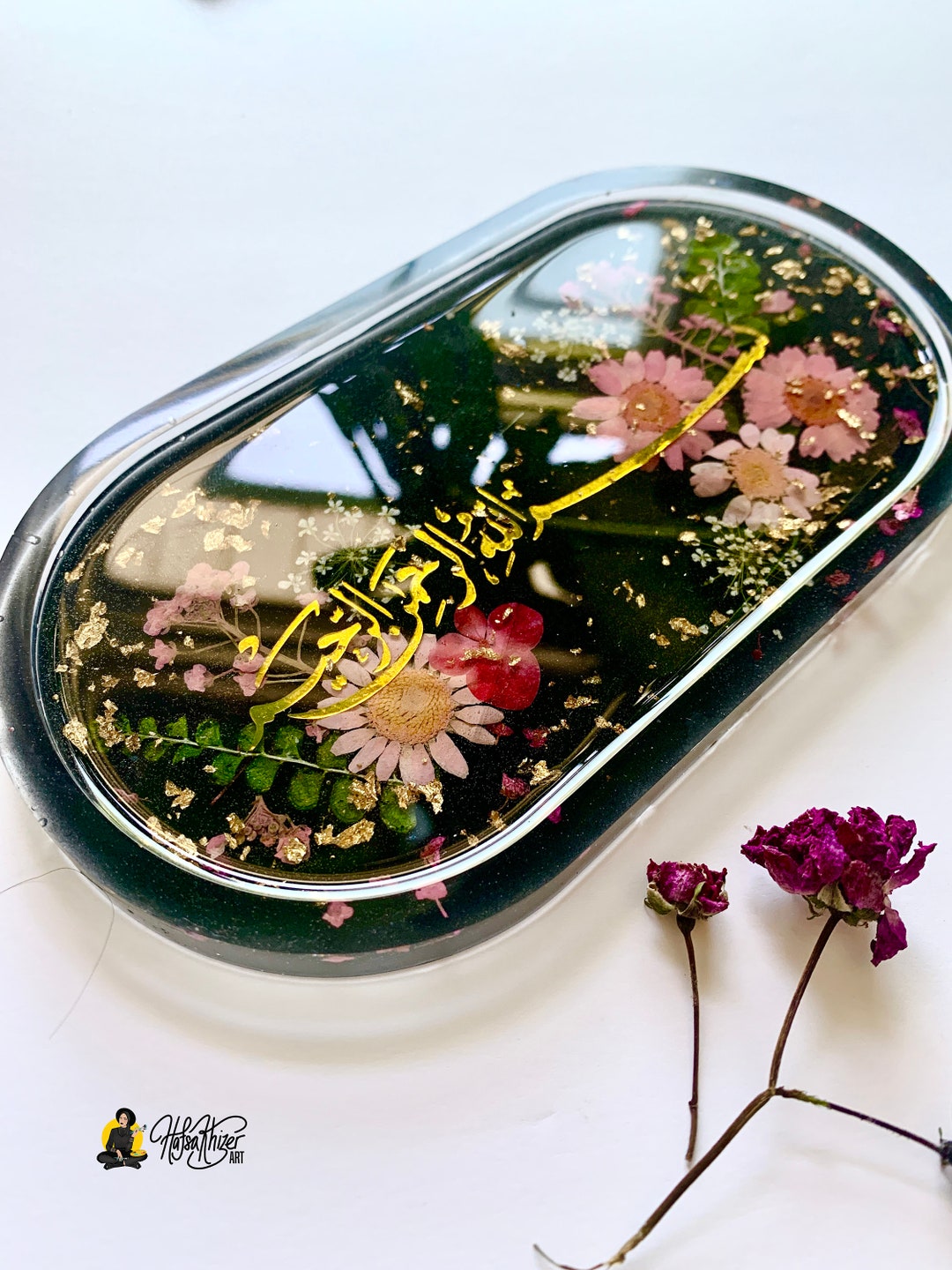 Islamic Decor Tray, Islamic Gifts, Black Floral Pressed Flower Trinket ...
