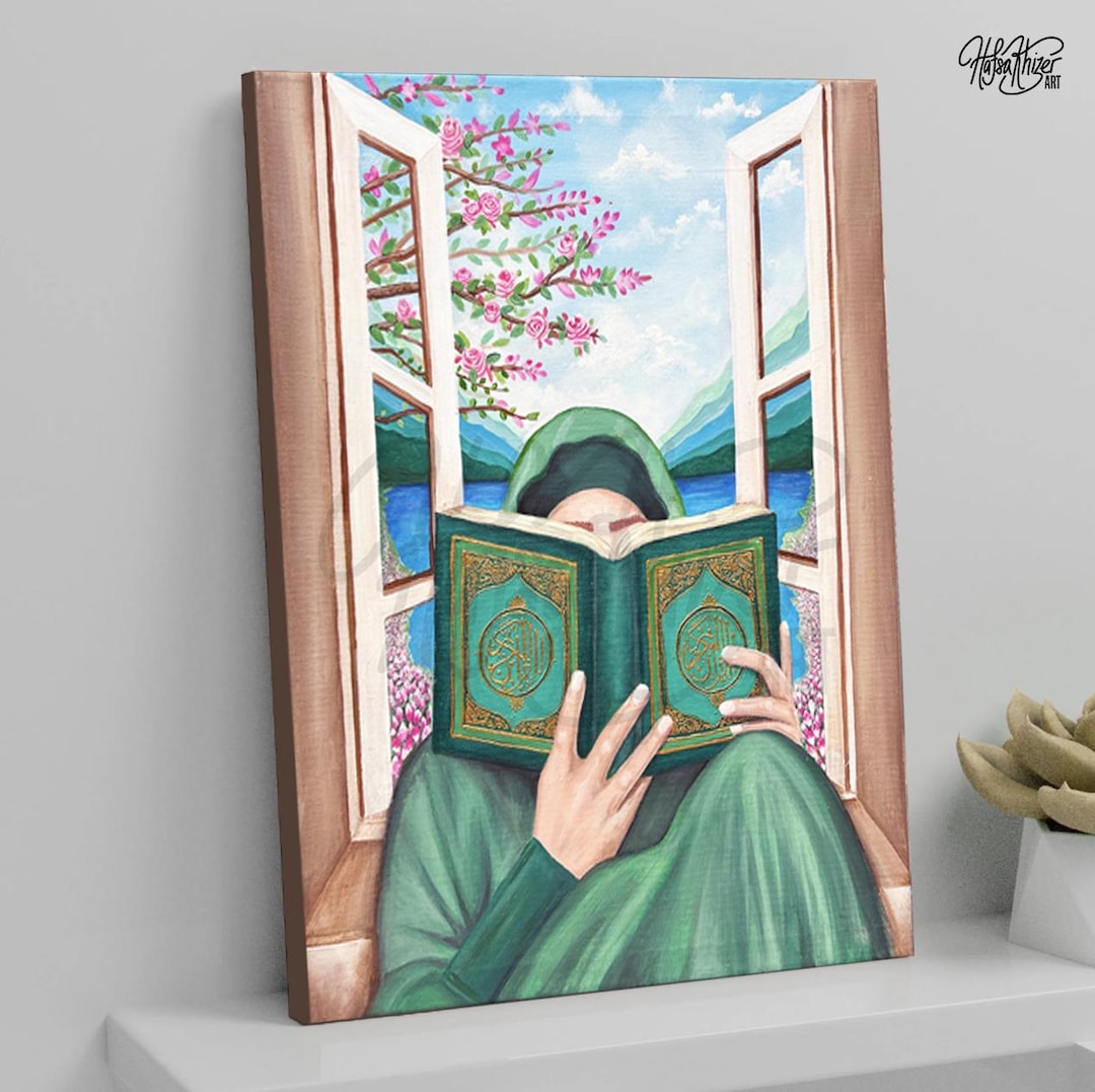 Islamic Art Decor Painting, Muslim Hijabi Woman Reading Quran, Quran ...