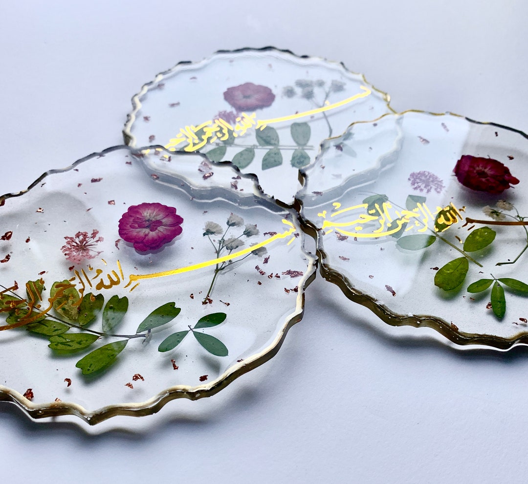 Islamic Coasters, Bismillah Coaster, Dried Pressed Flower Roses Coaster ...