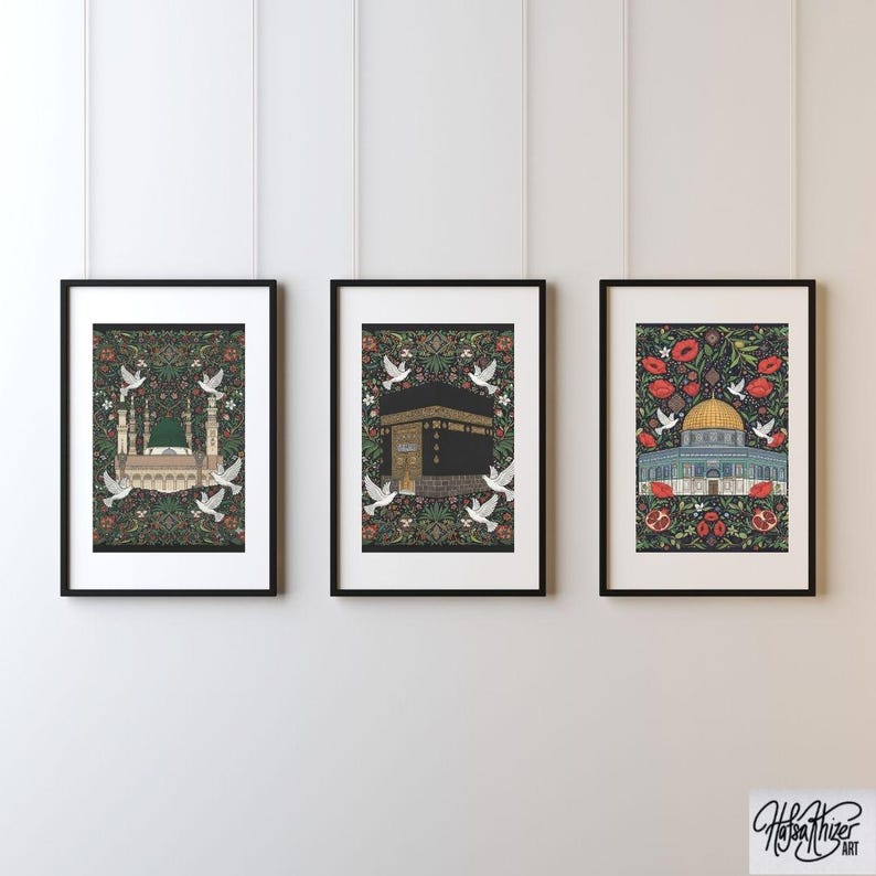 Islamic Holy Mosques Art Print Set: Floral Masjid Al Haram, Nabawi ...