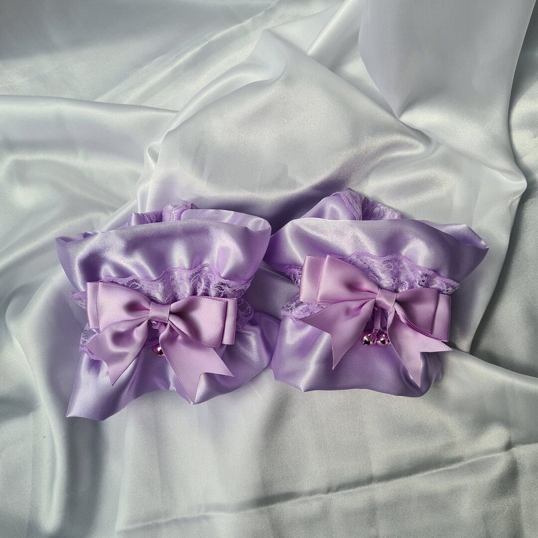Lilac Satin Sissy Cuffs With Pink Bells and Lace Trim Prissy Style Stretchy for Easy Fitting ...