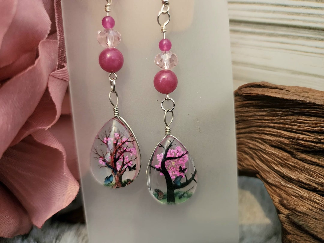 Pink Teardrop Earrings: Wire Wrapped Tree With Butterflies - Etsy