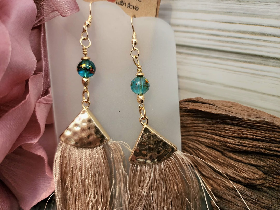 Flashy, Super Fun, Playful, Gold Eyelash Fringe, Beaded Dangle Earrings ...