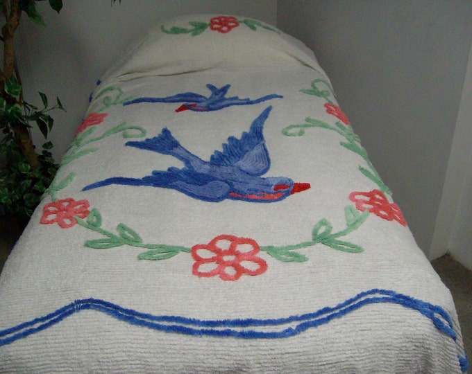 Vintage Bluebird Chenille Bedspread Blanket Comforter Swirl Edge Soft ...