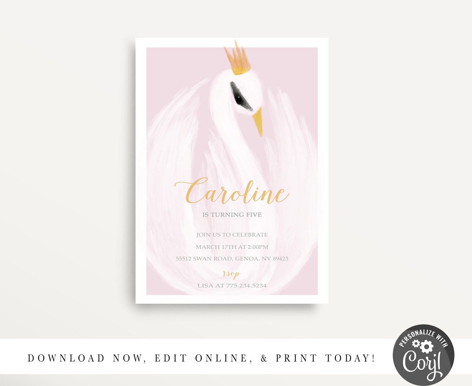 White Swan Birthday Invitation, Beautiful Swan Invitation, Modern Swan ...