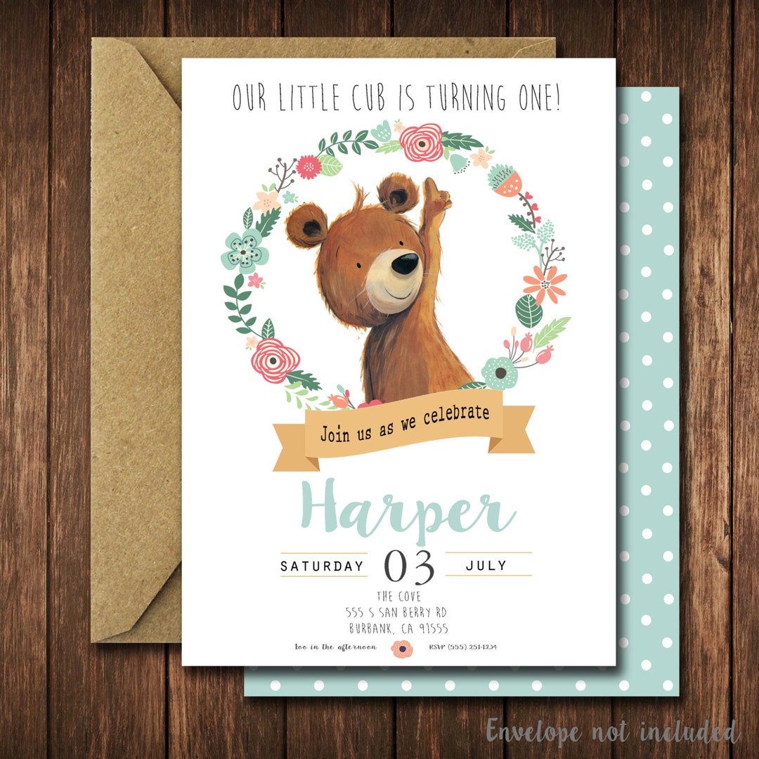 Modern Bear Birthday Party Invitations -floral Bear Cub Little Woodland ...