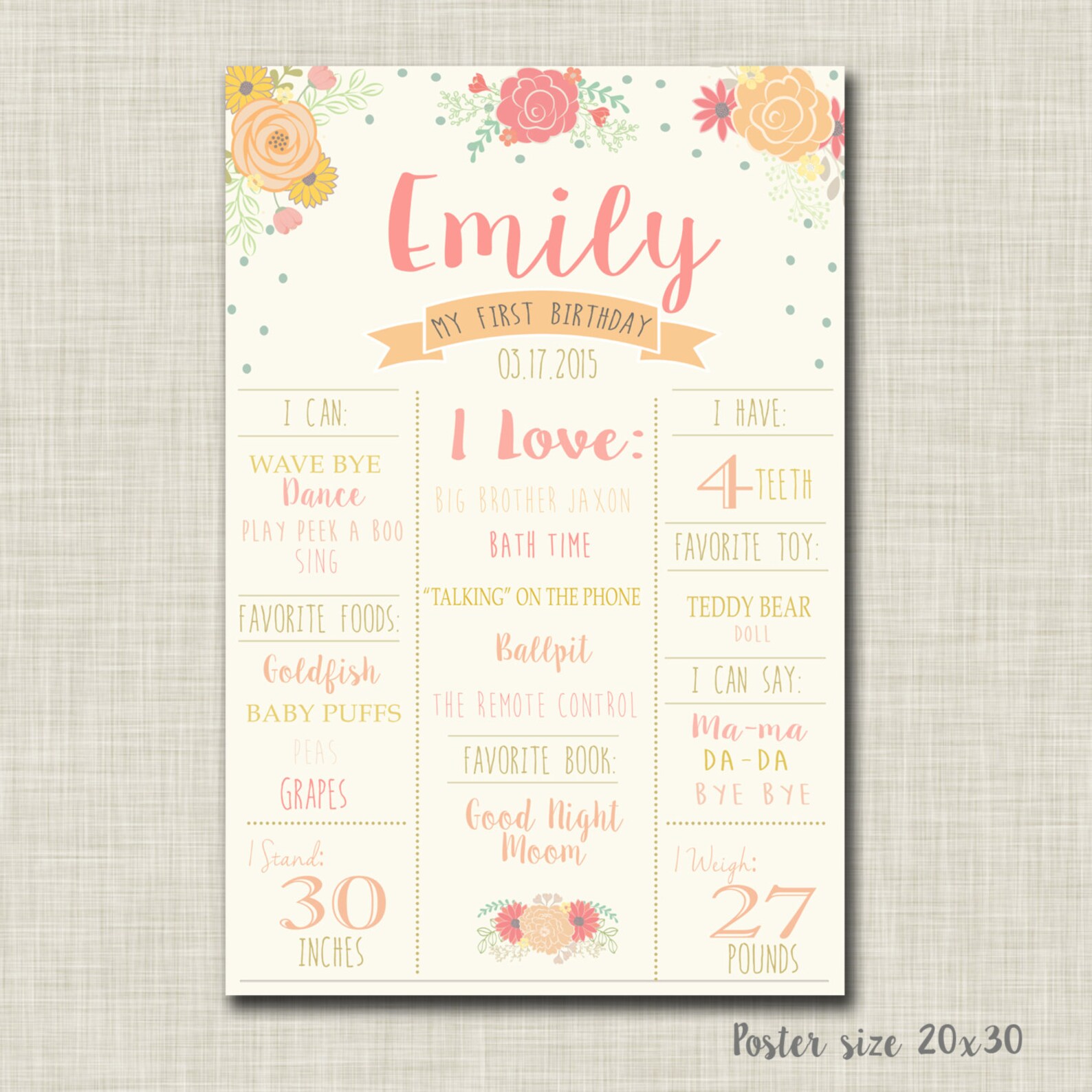 Modern First Birthday Sign Salmon and Gold Birthday Poster - Etsy