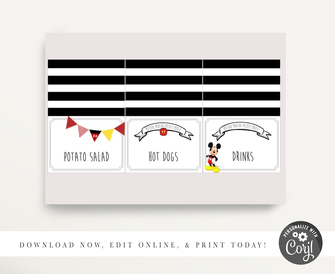 Modern Mickey Mouse Food Labels, Printable Mickey Mouse Food Tent Cards ...