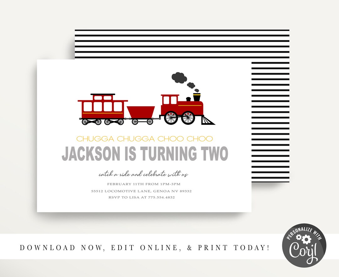 Modern Train Birthday Invitation - Train Invitation - Train Birthday ...