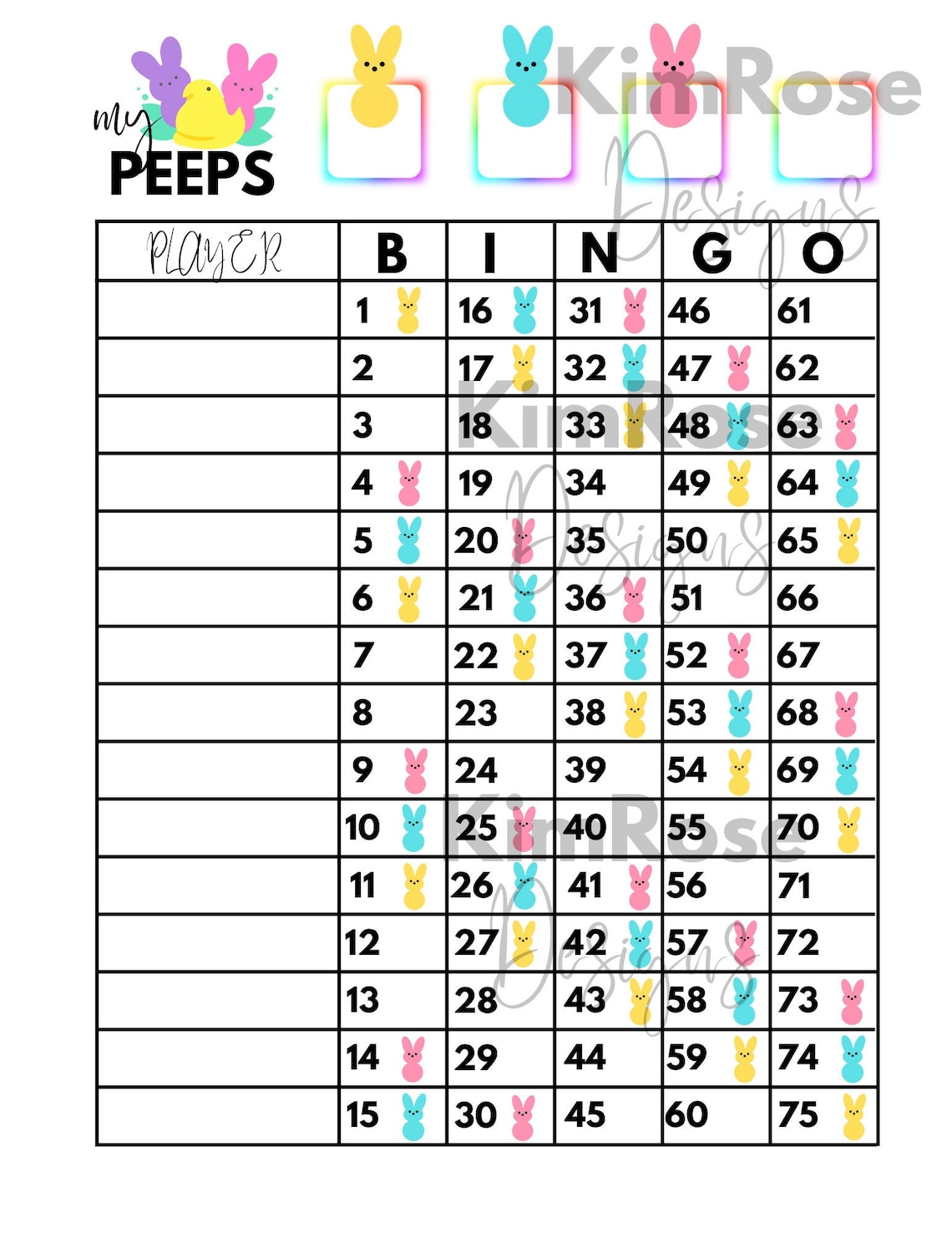 My Peeps Bingo Board! 1-75 Ball 1 - 15 Lines - Straight and Mixed ...